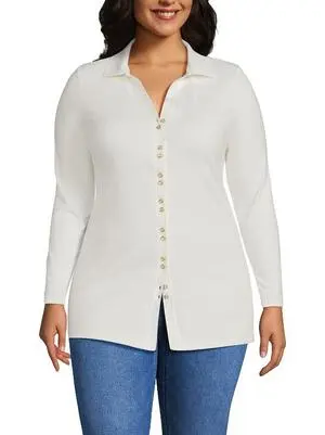 LANDS' END Long Sleeve Polished Rib Button Through Tunic Shirt Ivory