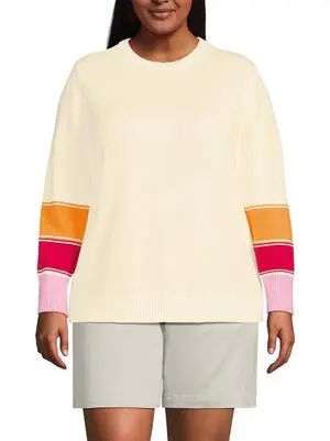 LANDS' END Drifter Crew Neck Jersey Pullover Sweater - Fresh Ivory Stripe