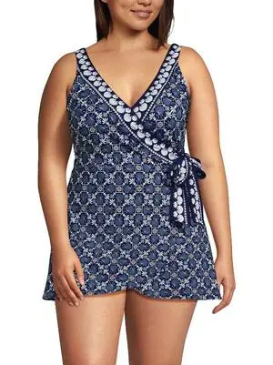 LANDS' END Side Tie Mini Swim Dress Swimsuit - Seashell Geo/navy Border