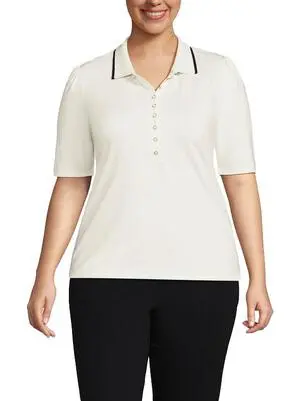 LANDS' END Elbow Sleeve Jersey Embellished Polo - Ivory/black