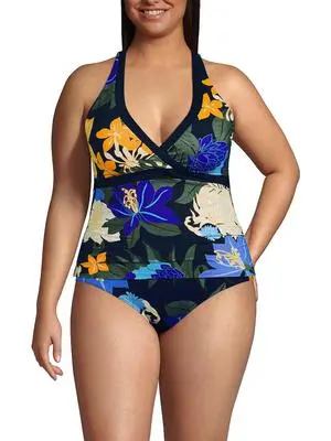 LANDS' END V-neck Halter Tankini Top - Navy Multi Floral Blooms