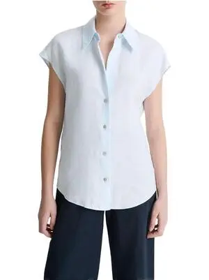 Vince Linen Cap-Sleeve Button-Front Blouse Red