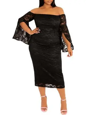BUXOM COUTURE Lace Off-the-shoulder Midi Dress - Black