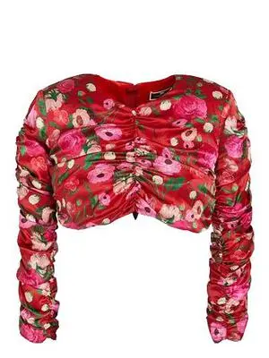 Elisabetta Franchi Satin Floral Crop Top - Red