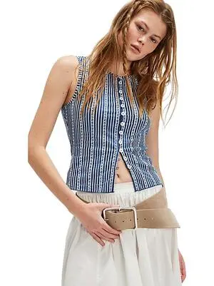 Free People Tilly Printed Vest Navy Combo - Cherry