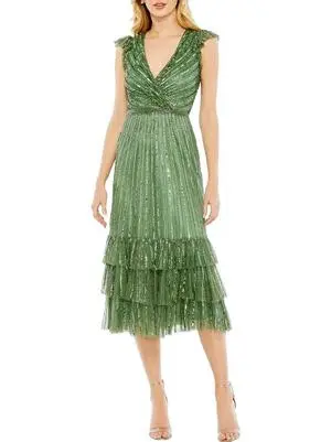 Mac Duggal Sequined Wrap Over Cap Sleeve Ruffle Hem Dress - Sage