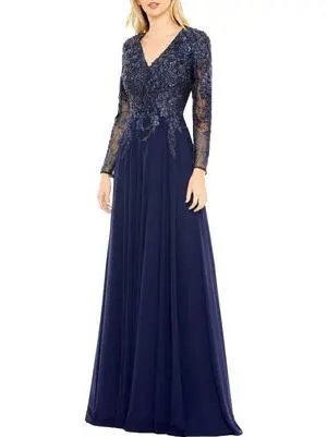 Mac Duggal Floral Embroidered Illusion V-neck A-line Gown - Navy