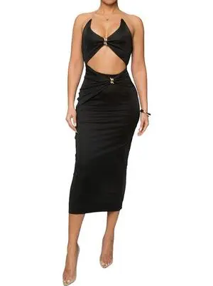 JLUXLABEL Cutout Chain Halter Midi Dress - Black