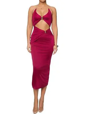JLUXLABEL Cutout Chain Halter Midi Dress - Pink