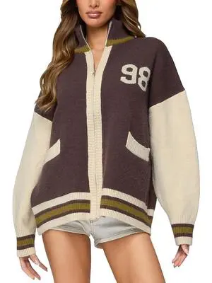 EDIKTED 98 Varsity Zip Up Sweater Brown