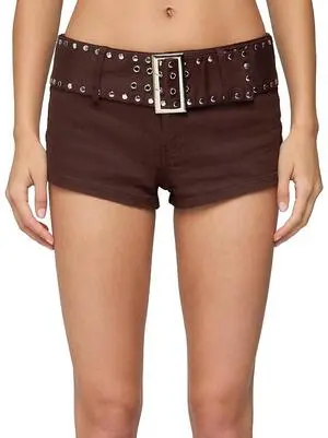 EDIKTED Studded Belt Denim Micro Shorts - Dark-brown