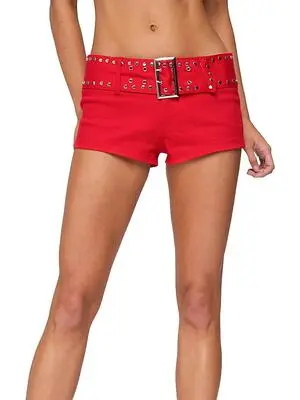 EDIKTED Studded Belt Denim Micro Shorts - Red