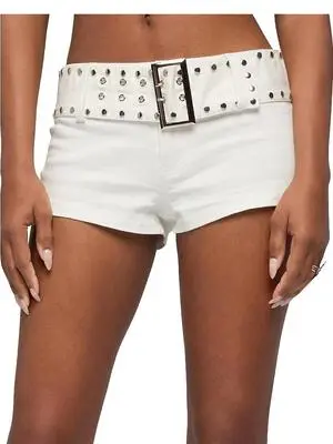 EDIKTED Studded Belt Denim Micro Shorts - White