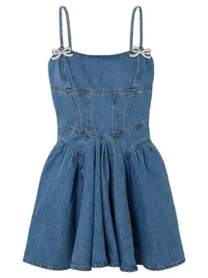 SELF-PORTRAIT Embellished Paneled Denim Mini Dress - Blue