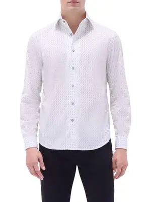 Bugatchi Axel Geo Print Shaped Fit Stretch Cotton Button-up Shirt - Platinum