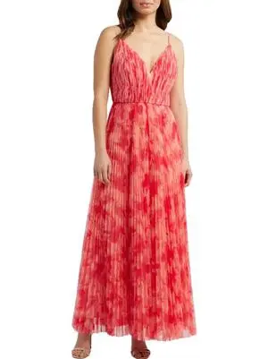 HUTCH Print Pleated Sleeveless Maxi Dress - Red Lipstick