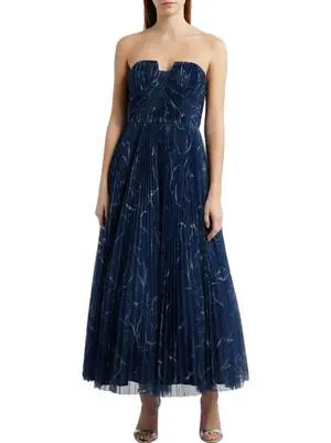 HUTCH Pleated Strapless Mesh Gown - Navy Floral
