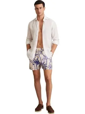 REISS Ganetti Palm Print Swim Shorts - French Blue/white