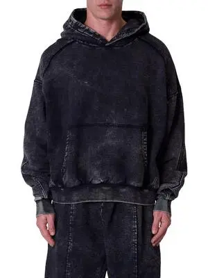 Mnml Frayed Seam Acid Wash Cotton Fleece Hoodie - Black