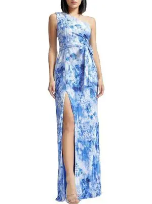 Dress The Population Bella Floral Plissé Gown - Cerulean Blue Multi