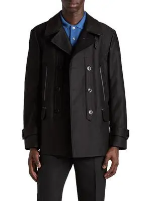 TOM FORD Leather Trimmed Brushed Cotton Satin Pea Coat - Black