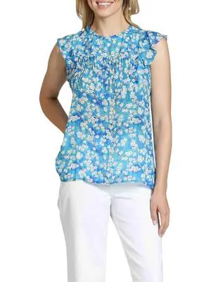 APNY Floral Print Flutter Sleeve Blouse - Blue Multi