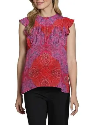 APNY Floral Print Flutter Sleeve Blouse - Red/purple Multi