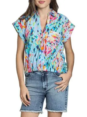 APNY APNY Print Wrap Front High-Low Cotton Top Blue Multi