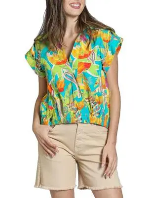 APNY APNY Print Wrap Front High-Low Cotton Top Lime Green Multi