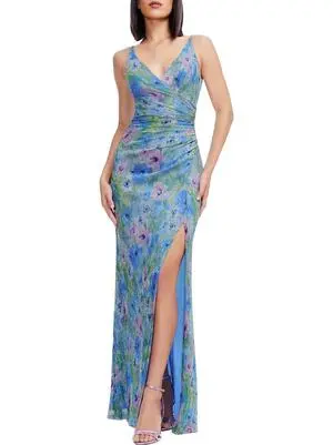 Dress The Population Jordan Metallic Floral Mermaid Gown - Sky Multi