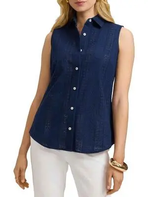 Foxcroft Ada Mixed Stitch Sleeveless Shirt - Navy