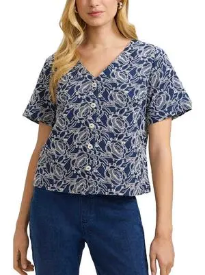 Foxcroft Isabel Floral Embroidered Cotton Top - Navy/ White