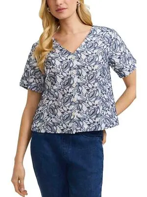 Foxcroft Isabel Floral Embroidered Cotton Top - White/ Navy