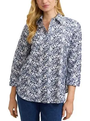 Foxcroft Zoey Embroidered Eyelet Shirt - White/ Navy