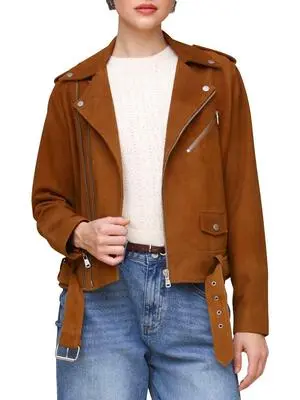 Avec Les Filles Belted Suede Moto Jacket - Camel