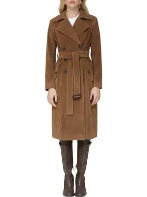 Avec Les Filles Faux Suede Double Breasted Belted Coat - Wood