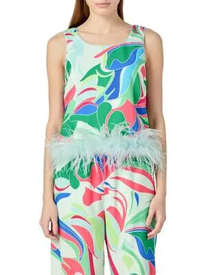 English Factory Abstract Print Feather Trim Top - Green/ Blue Multi