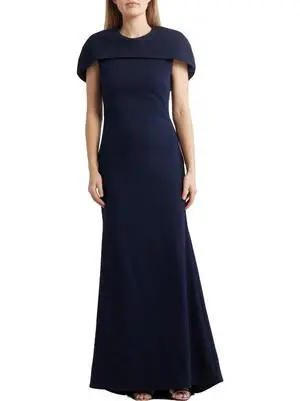 Betsy & Adam Cape Short Sleeve Gown - Navy