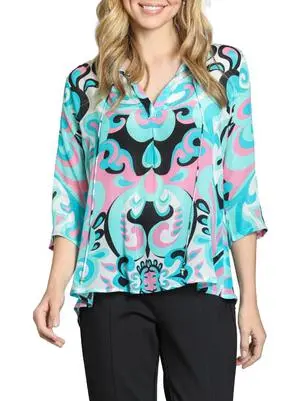 APNY Print Tassel Split Neck Chiffon Top - Turquoise Multi