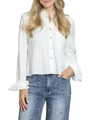 APNY Ruffle Long Sleeve Crop Button-up Shirt - White