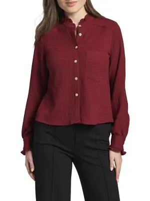 APNY APNY Ruffle Long Sleeve Crop Button-Up Shirt Wine
