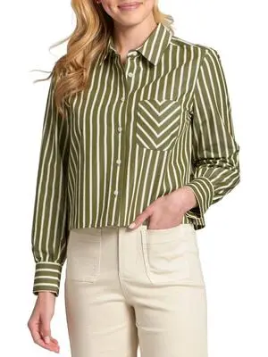 APNY Stripe Cotton-blend Crop Shirt - Olive/off-white