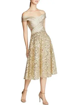 Theia Brandy Off-shoulder Sequin Midi Dress - Champange