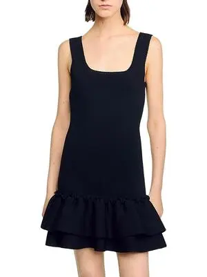 Sandro Ruffled Short Knit Dress - Black