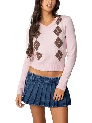 EDIKTED Argyle V-neck Knit Sweater - Light Pink