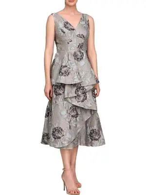 KAY UNGER Elsie Floral Jacquard Midi Dress - Grey