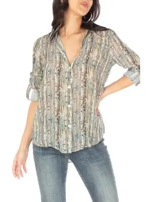 APNY Print Roll Tab Sleeve Button-up Shirt - Beige Multi