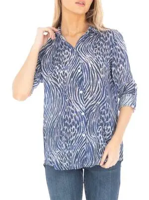 APNY Print Roll Tab Sleeve Button-up Shirt - Dark Blue Multi