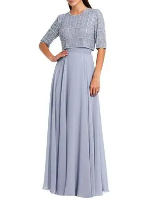 Mac Duggal Beaded Chiffon Gown - Powder Blue