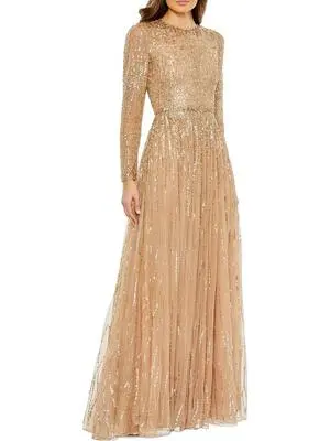 Mac Duggal Sequined Illusion High Neck Gown - Latte